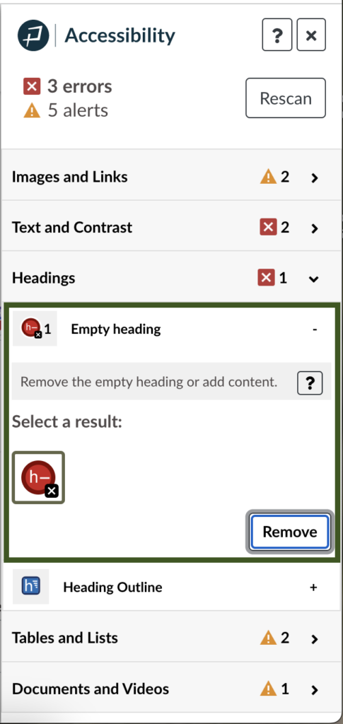 Fix an empty heading using the Accessibility Guide - Pope Tech Blog